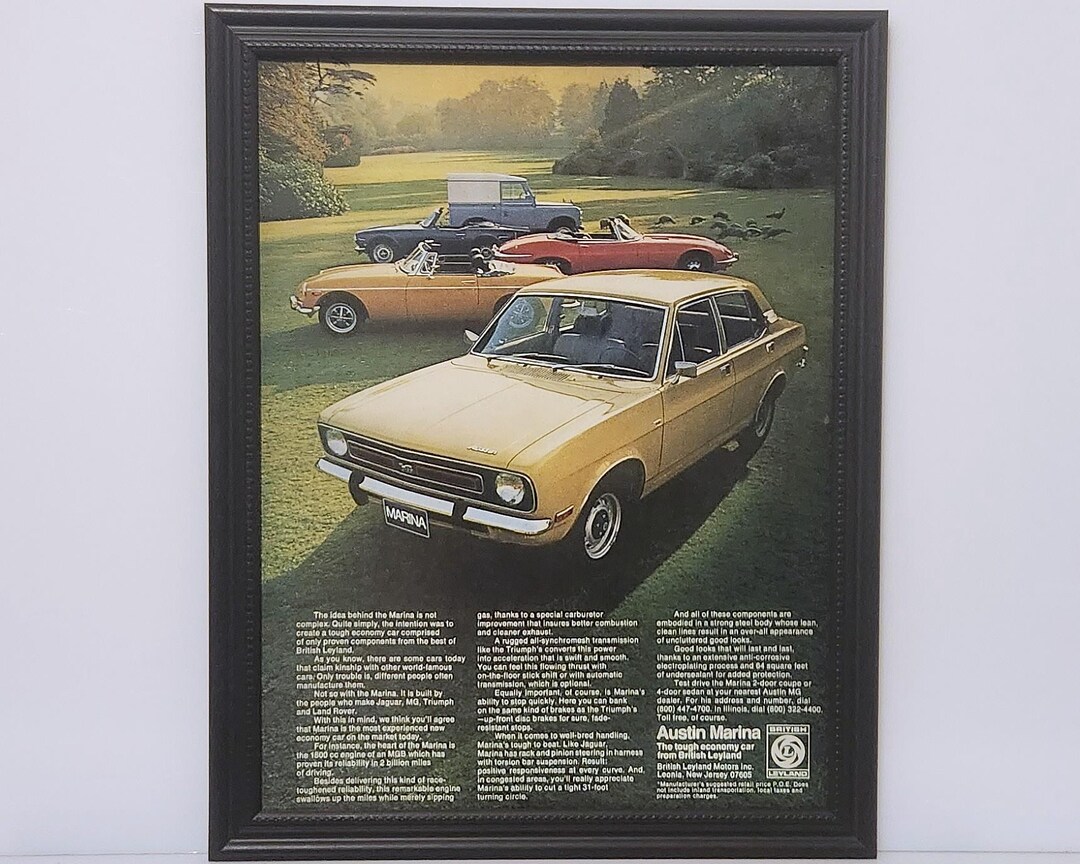 Framed Vintage 70's Car Ad Austin Marina Land Rover Jaguar XKE TR6 MGB ...