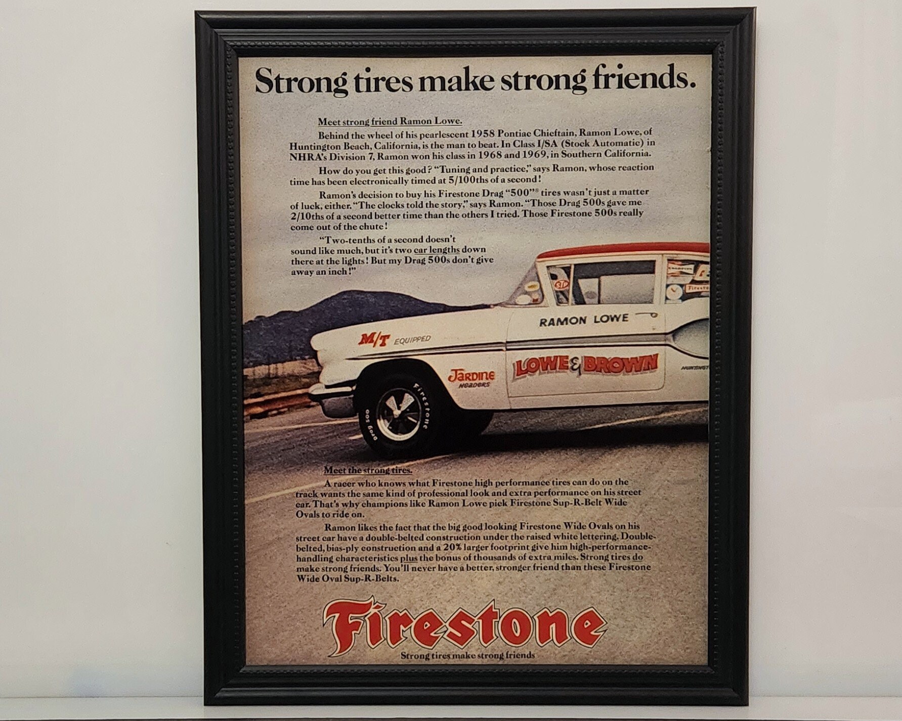 Framed Vintage 1970 Firestone Ad NHRA 1958 Pontiac Chieftain Drag Racing Dragster Car Tire ...