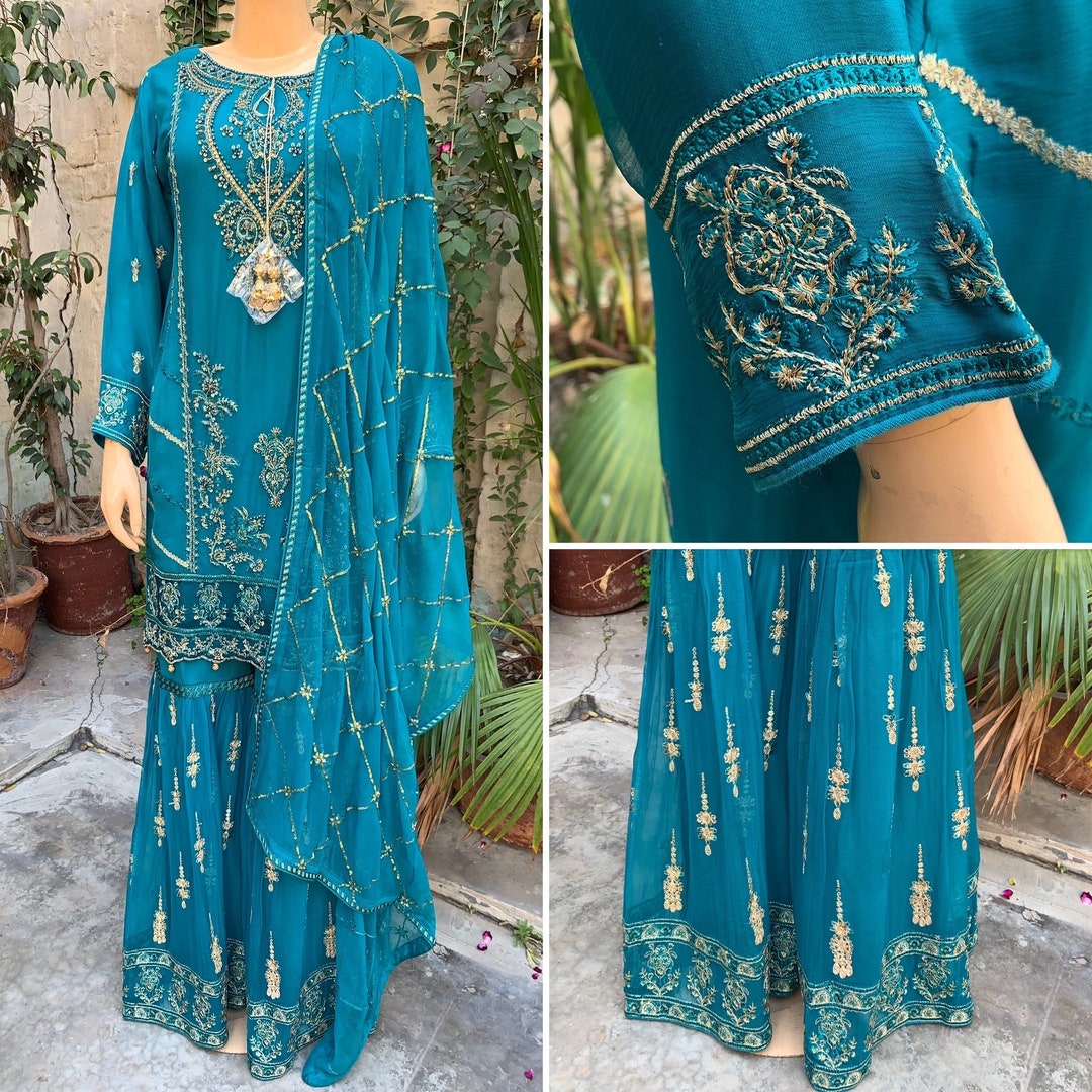 Pakistani Ferozi Blue Straight Style Embroidered Sequins Chiffon ...