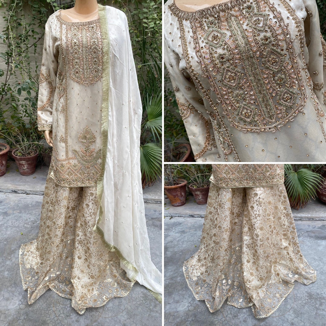 Pakistani Light Beige Heavy Jewel Work Organza 3pcs Sharara Dress,m - Etsy