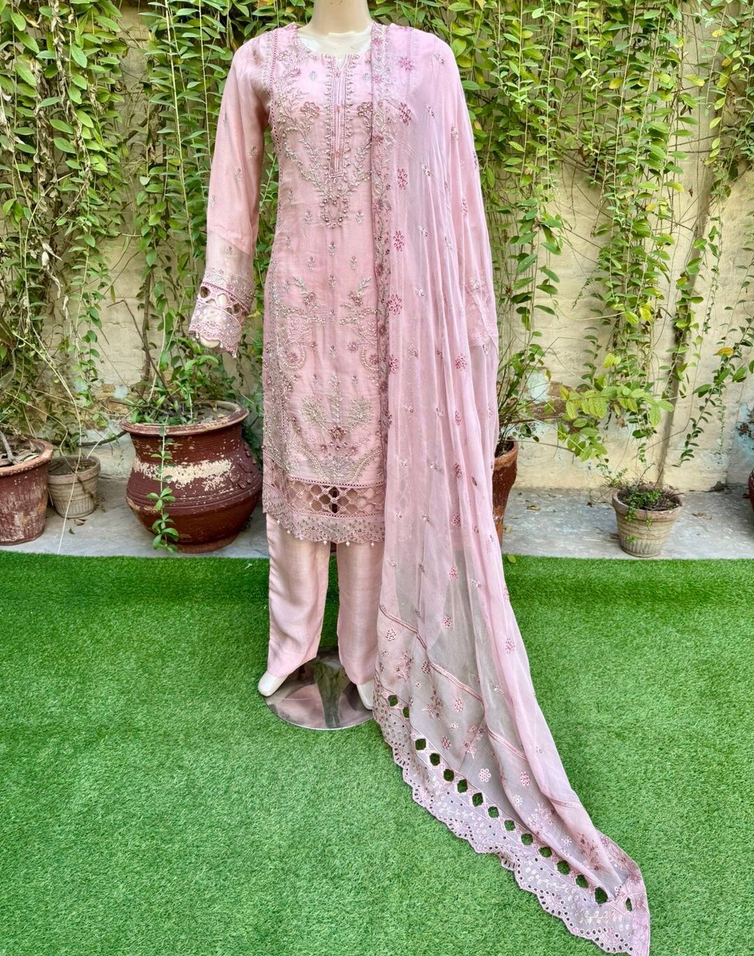 Pakistani Light Pink Straight Style Embroidered Sequins 3pcs Chiffon ...