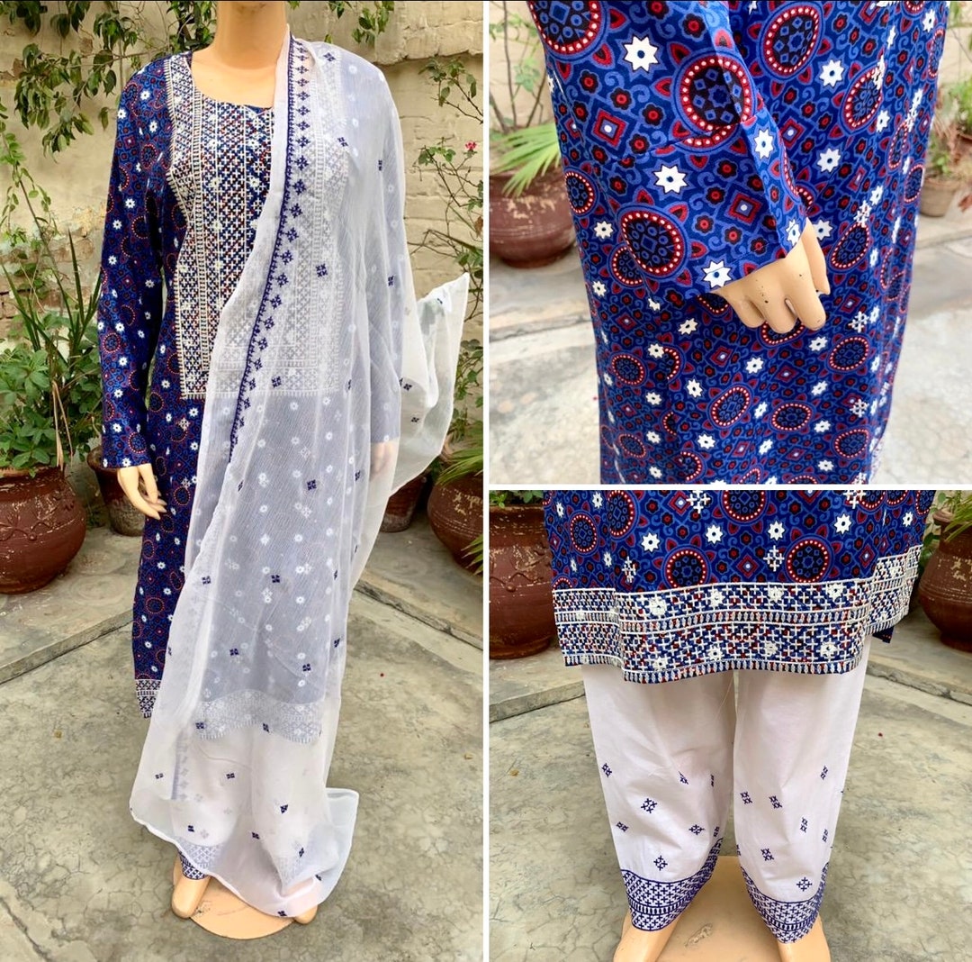 Pakistani Blue & White Ajrak Lawn Dress With Threadwork ,L - Etsy