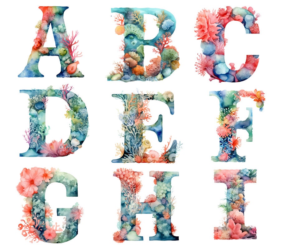 Coral Reef Mug, Sea Life Alphabet.coral Reef Letters,alphabet Coral ...