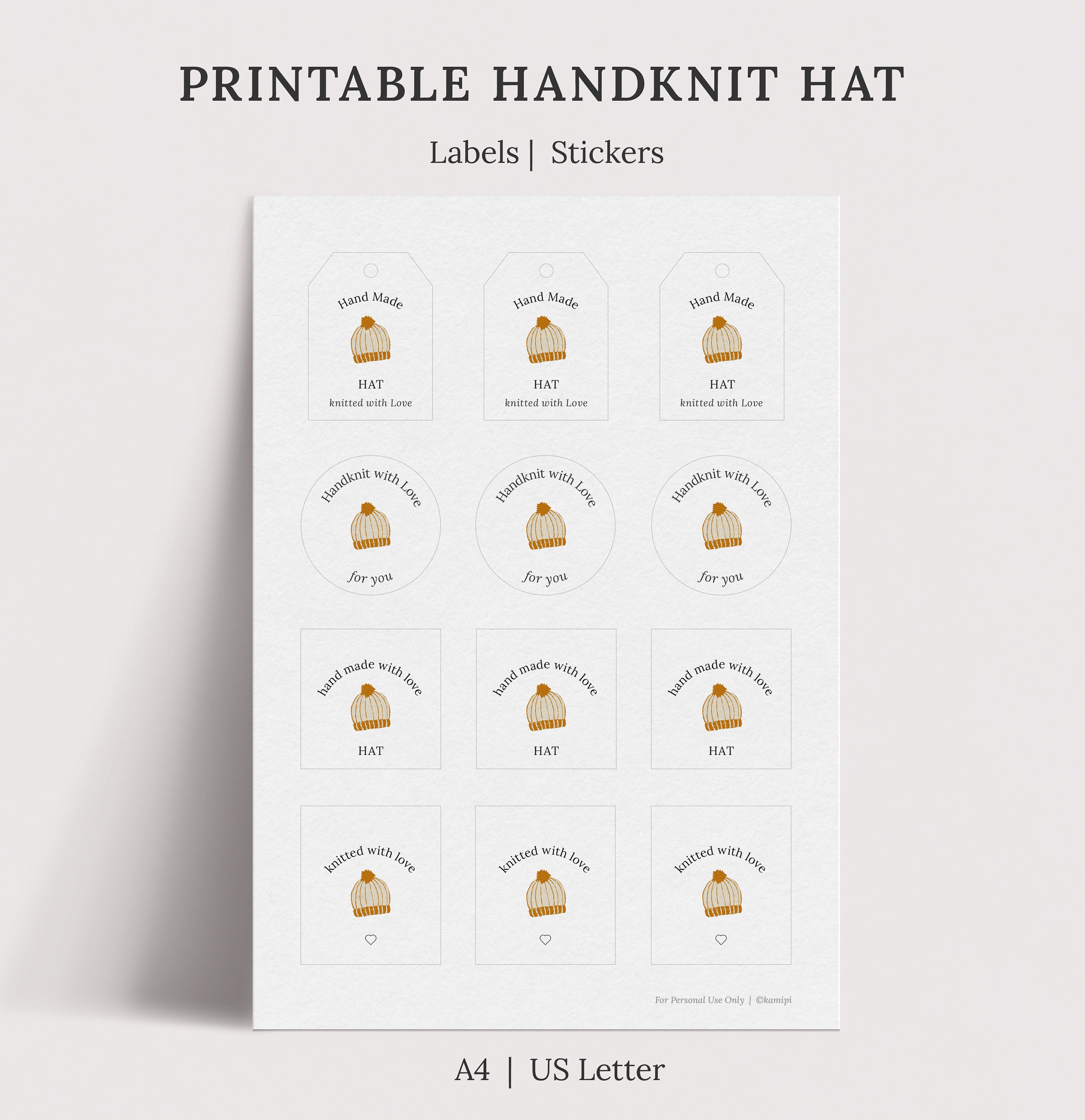 Printable Hand Knit Hat Knitting Tags Stickers Labels | Knitting Labels ...