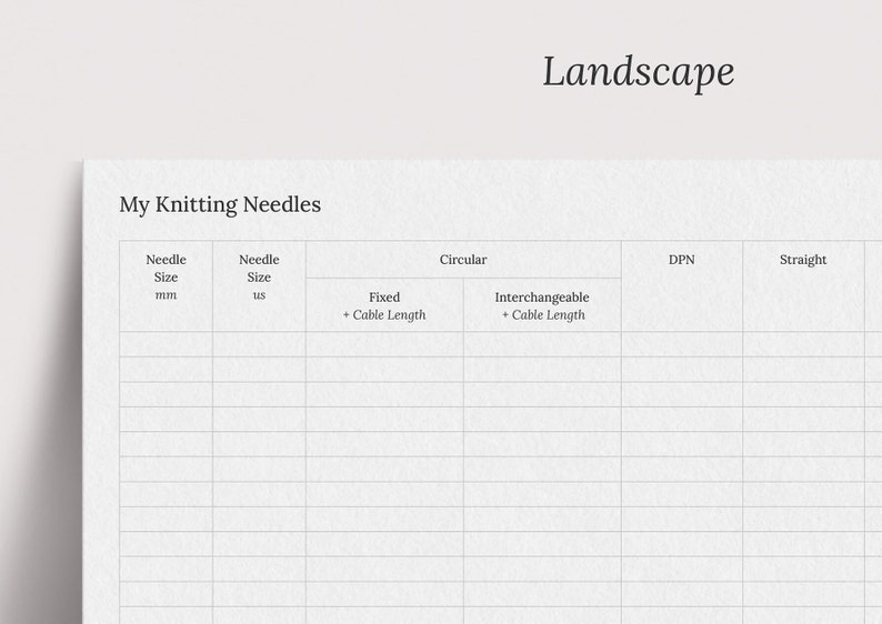 Printable Knitting Needles Inventory - Landscape | Minimalist Needles ...