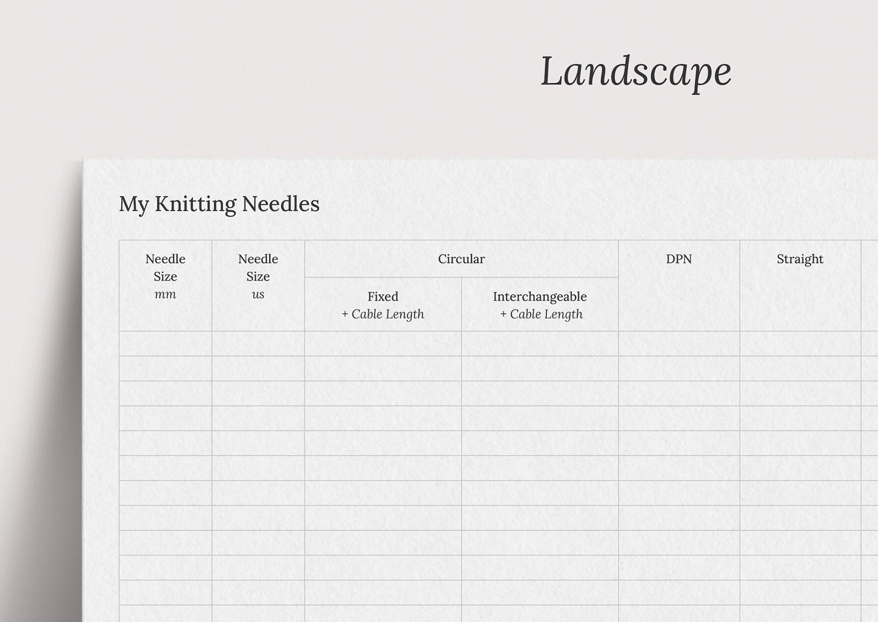Printable Knitting Needles Inventory - Landscape | Minimalist Needles ...