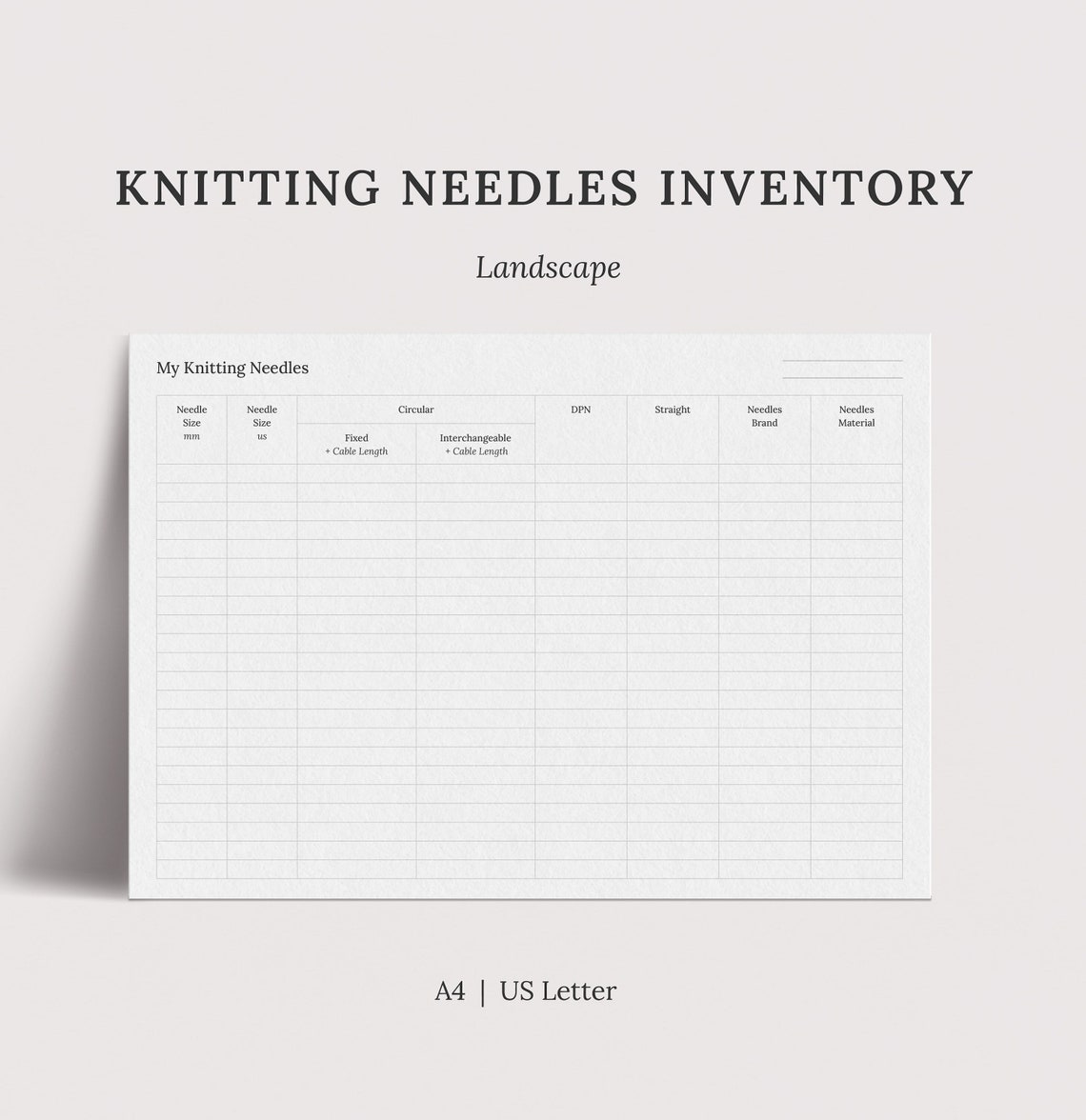 Printable Knitting Needles Inventory - Landscape | Minimalist Needles ...