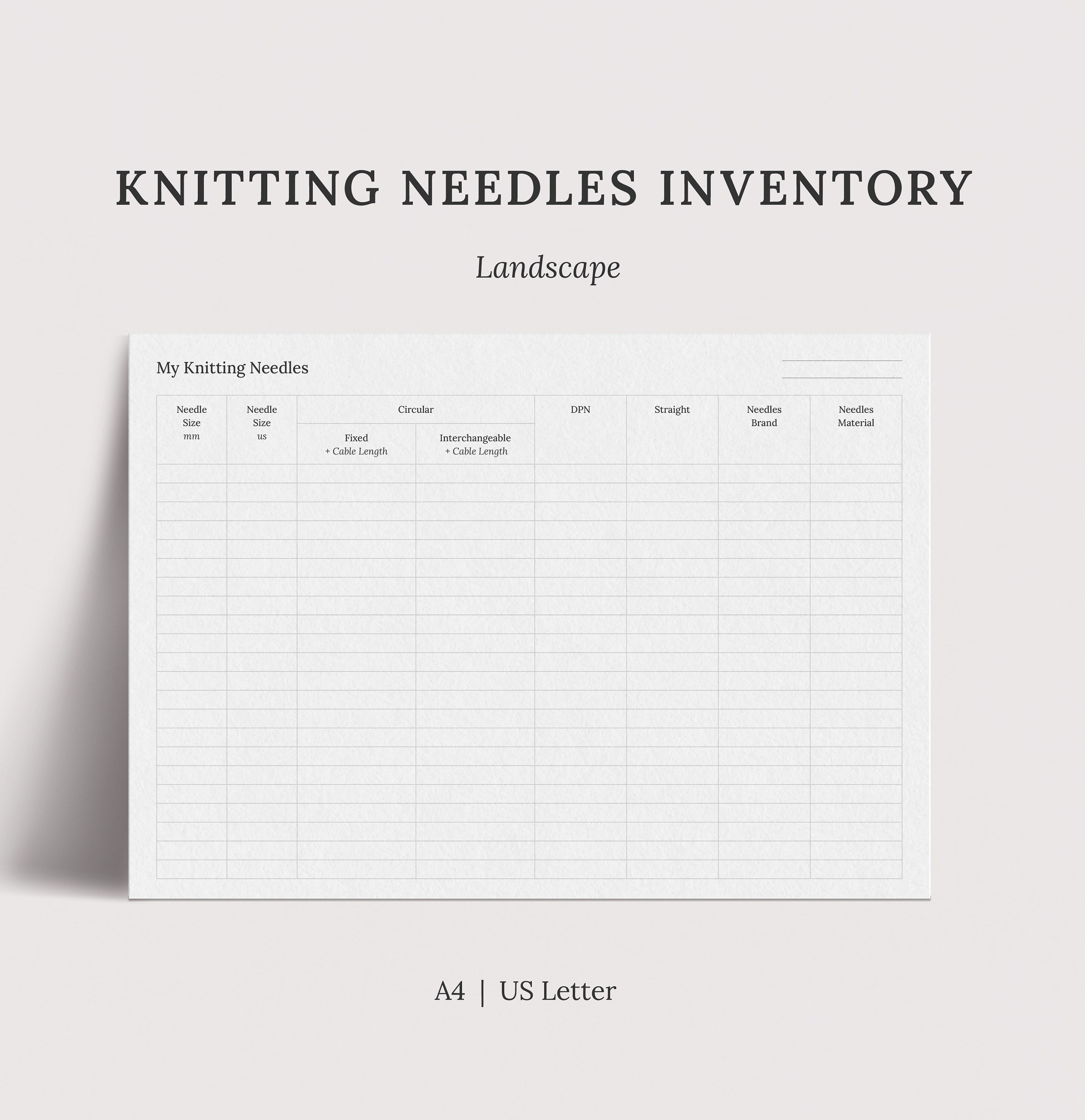 Printable Knitting Needles Inventory - Landscape | Minimalist Needles ...