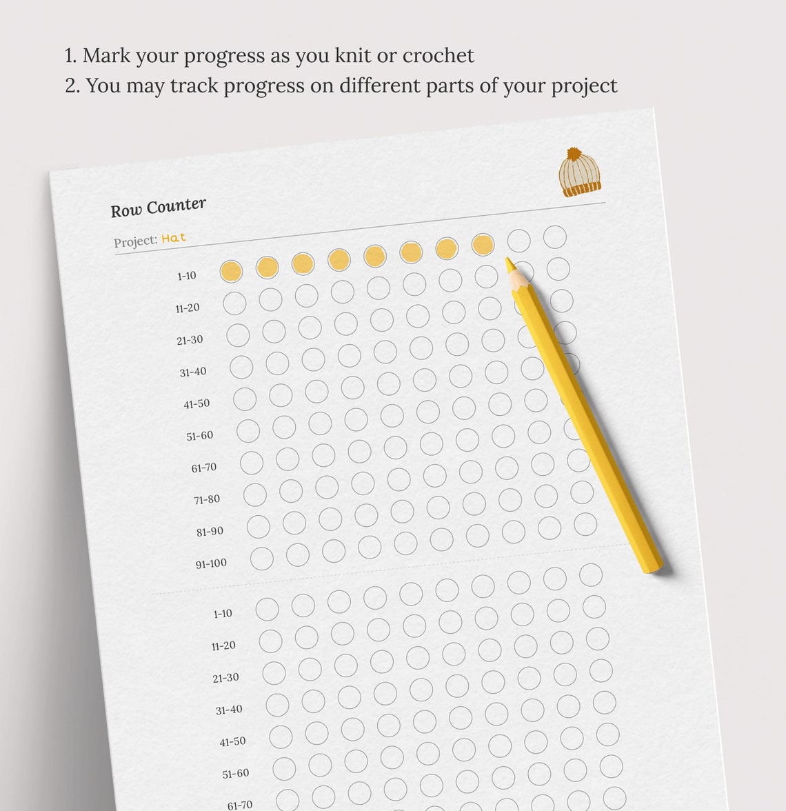 Printable Knitting and Crochet Row Round Counter | Hat Row Counter ...