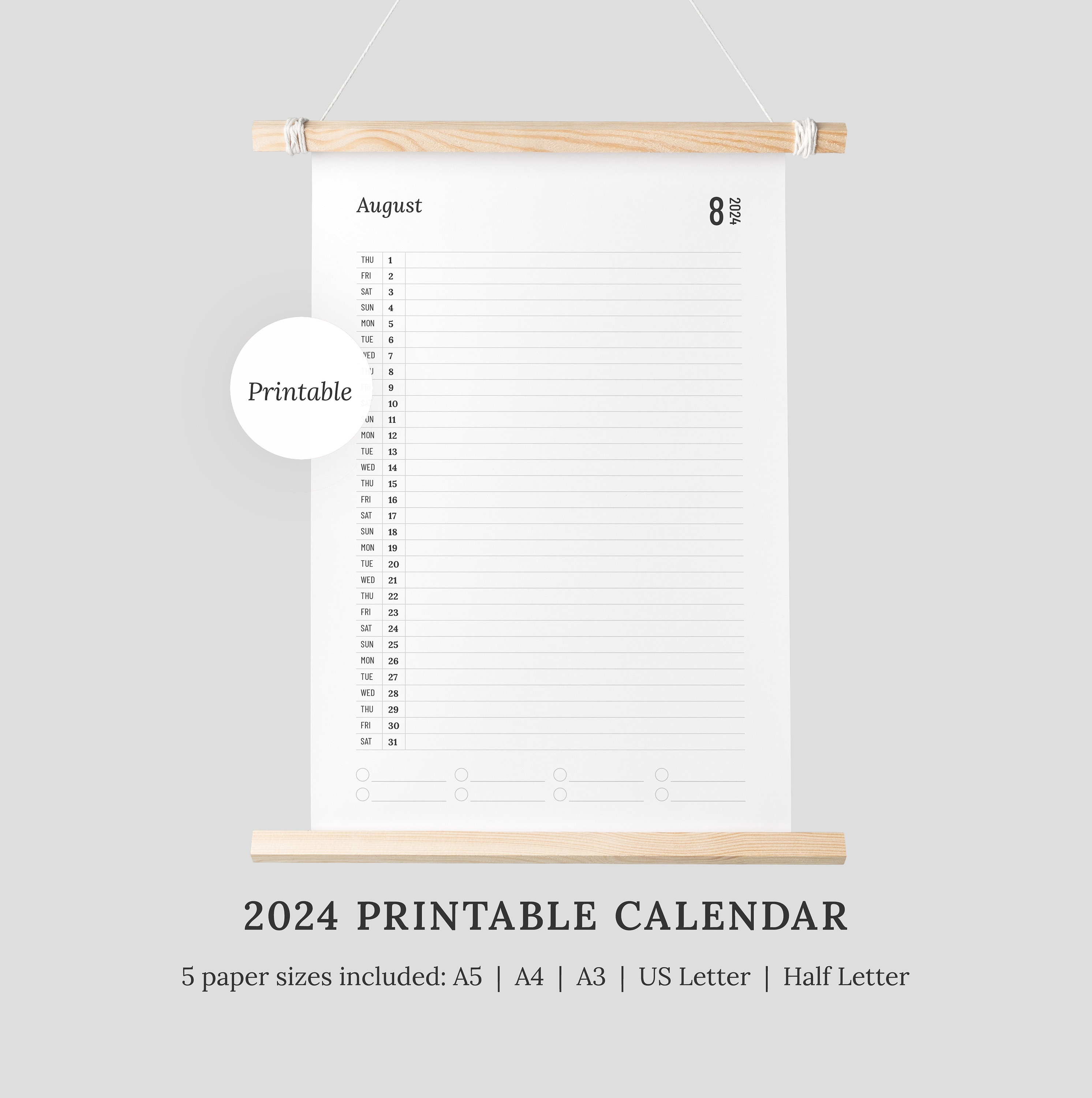 2024 Printable Calendar Minimalist Sizes: A4, Letter, A3, A5, Half ...
