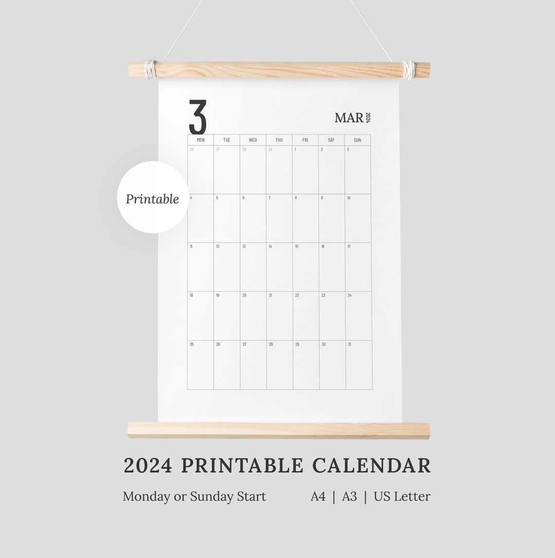 2024 Printable Calendar Minimalist Sizes: A4, Letter, A3 Portrait ...