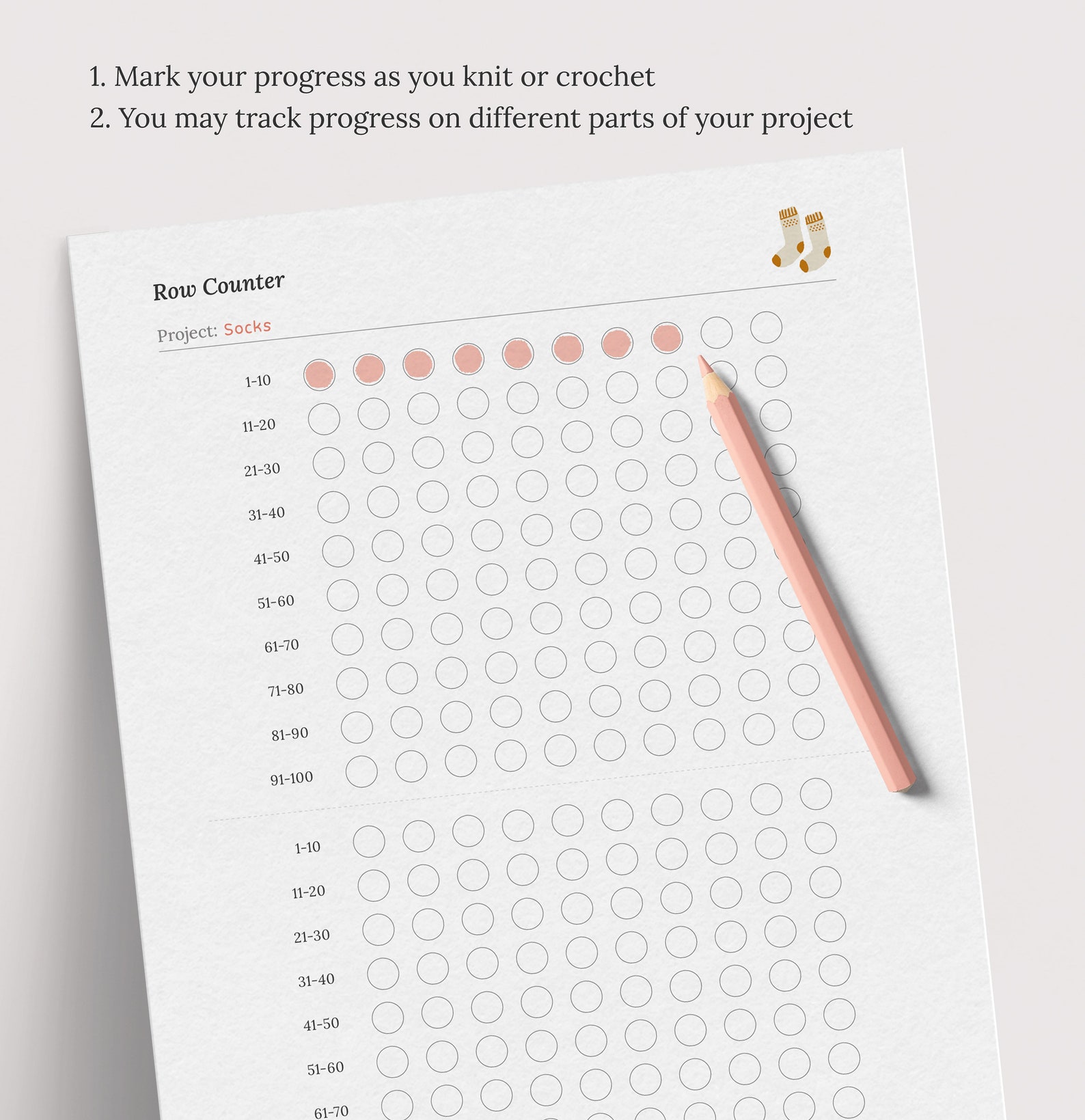 Printable Knitting and Crochet Row Round Counter | Socks Row Counter ...