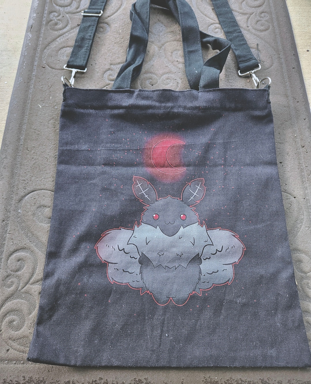 Mothman Black Tote Bag With Extra Crossbody Strap, Pocket, and Zipper ...