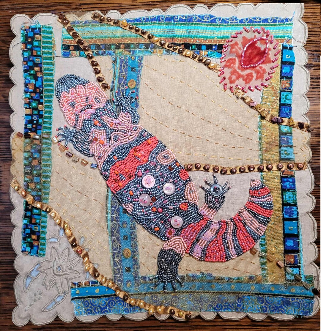Beaded Gila Monster on Tea-dyed Vintage Napkin - Unique, OOAK Piece! - Etsy