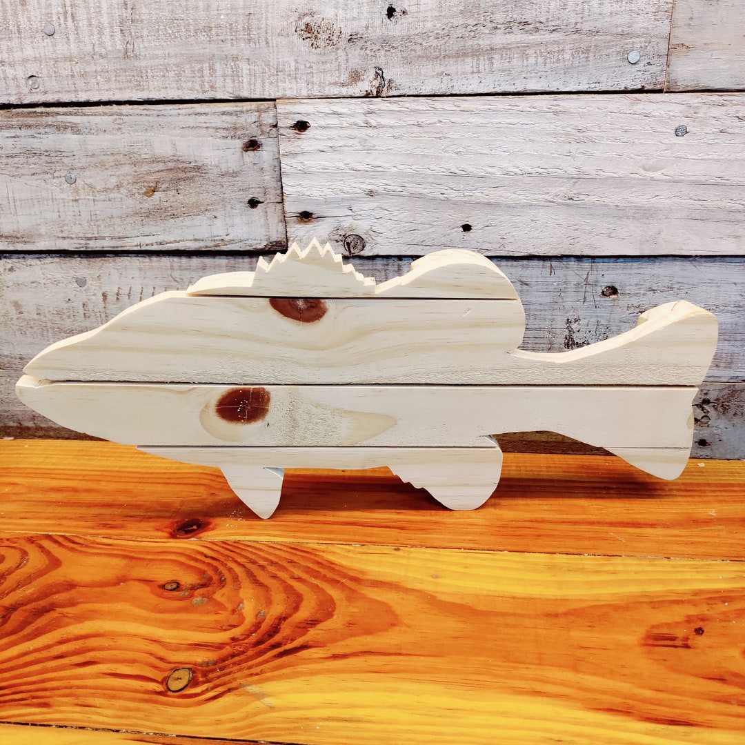 Wooden Bass Fish Silhouette Shelf Sitter 16" Fishing Decor Pallet Wood ...