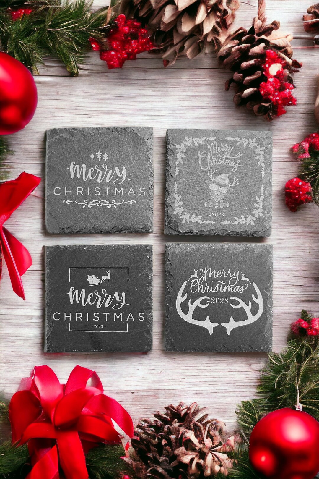 Merry Christmas 2023 Coasters Set, Wine Glass Coasters, Holiday Coffee ...