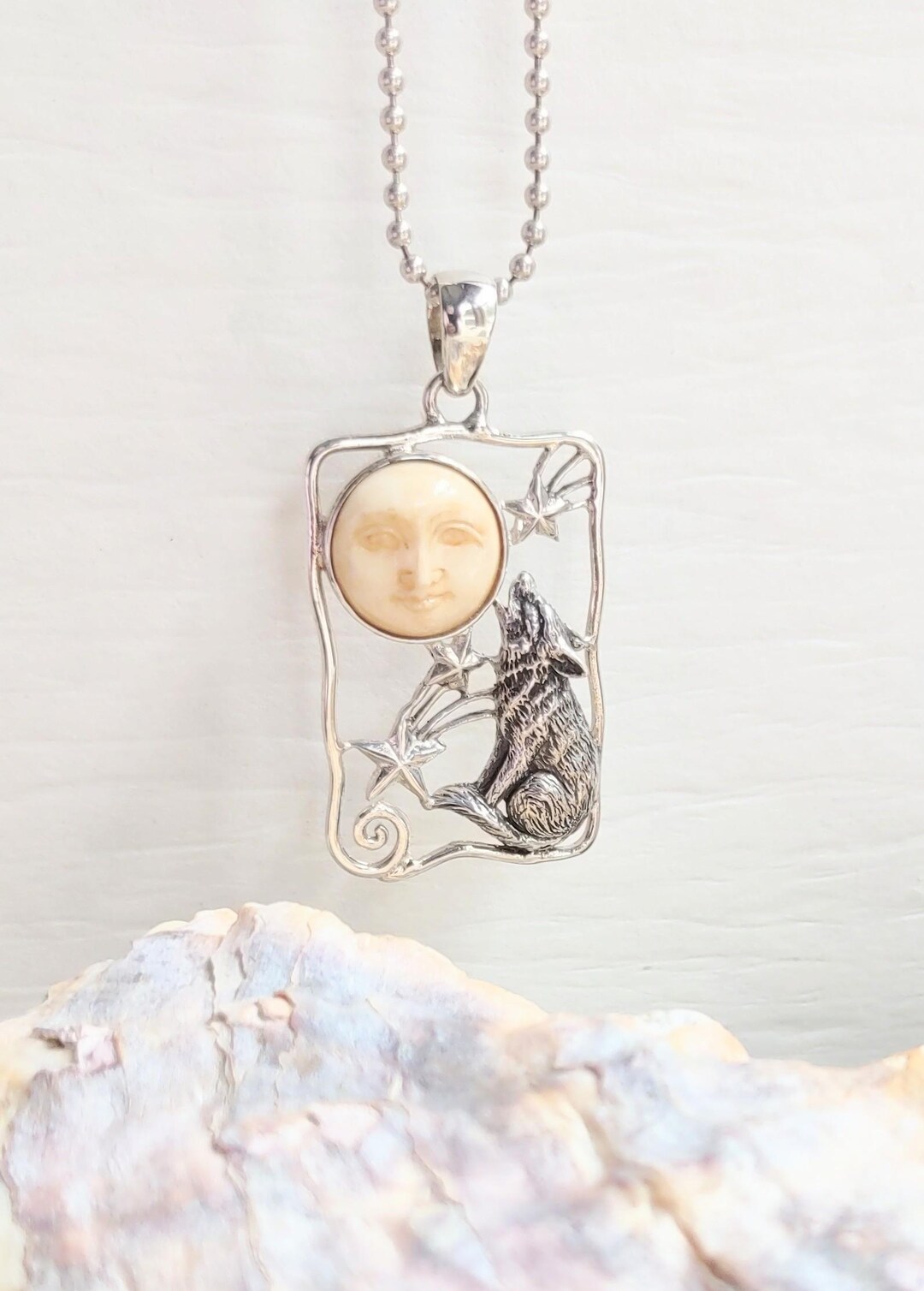 Detailed Howling Wolf at a Hand Carved Dyed Bone Moon - Goddess Designs ...
