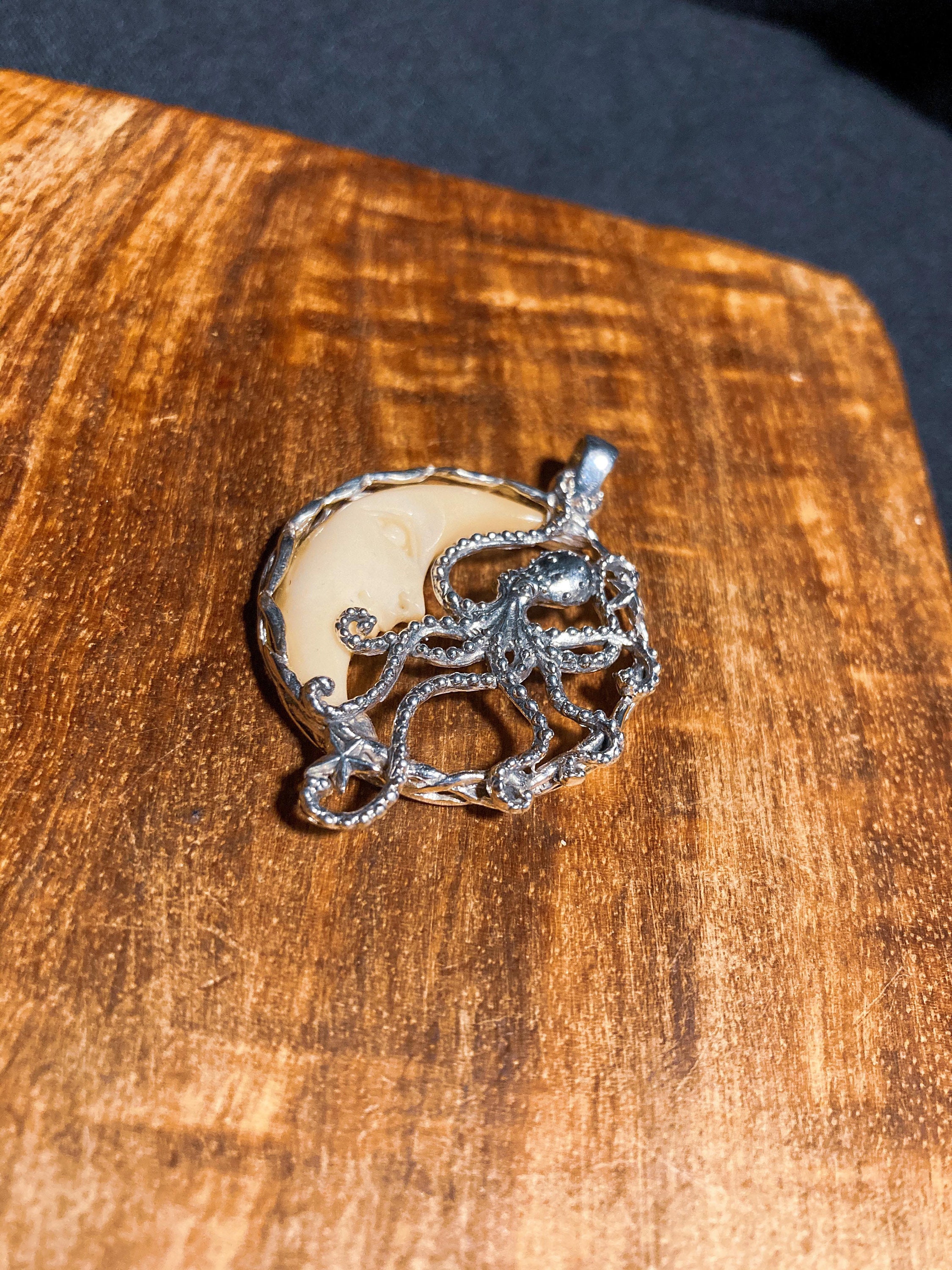 Goddess Designs / Detailed Hand Carved Bone Moon and Octopus | Etsy