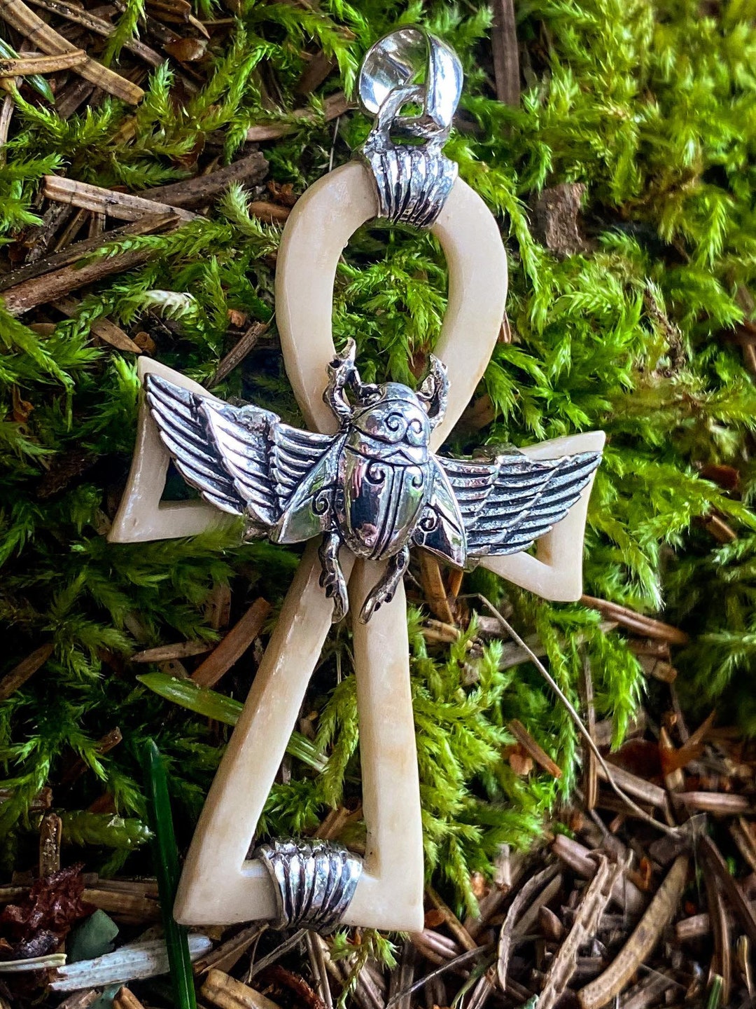 Goddess Designs / Hand Carved Ox Bone Ahnk Cross With Detailed Sterling ...