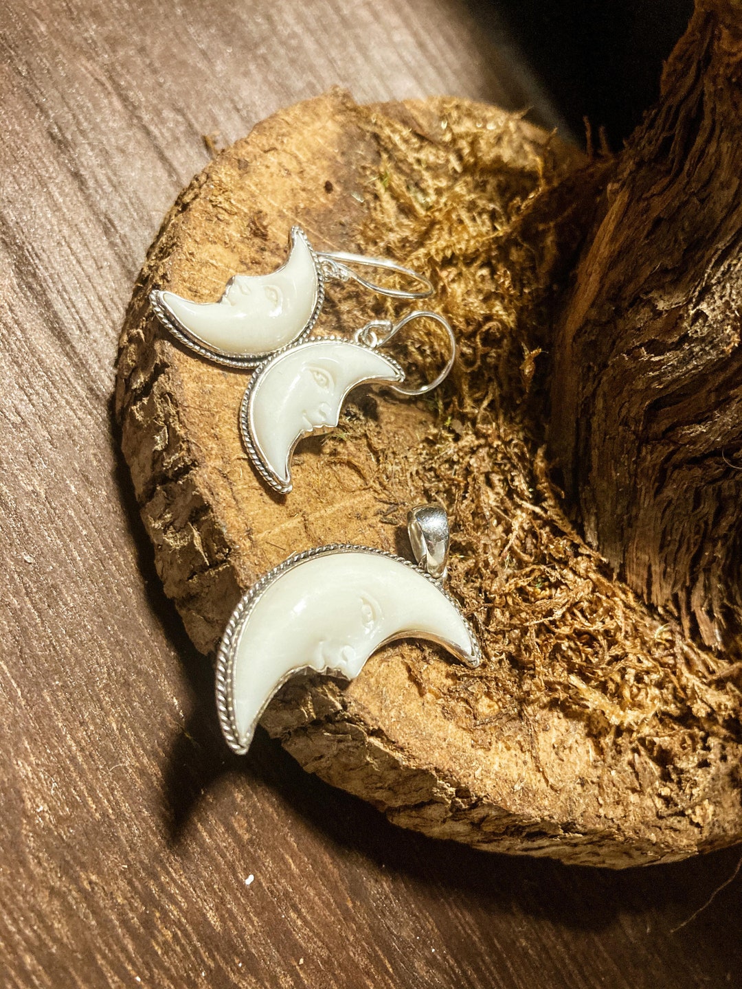 Goddess Designs / Hand Carved Bone Moon Sterling Silver Jewelry Set ...