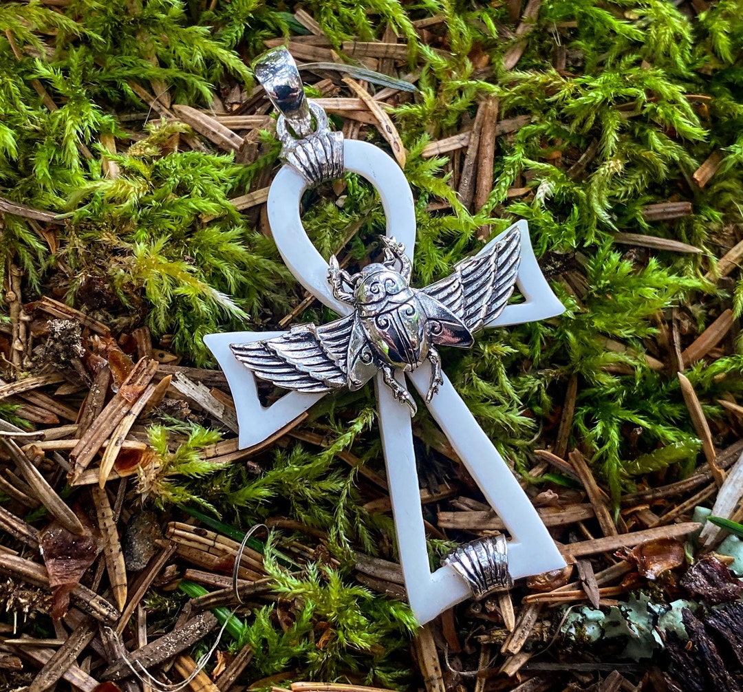 Goddess Designs / Detailed Scarab on Hand Carved Ox Bone Ahnk Sterling ...