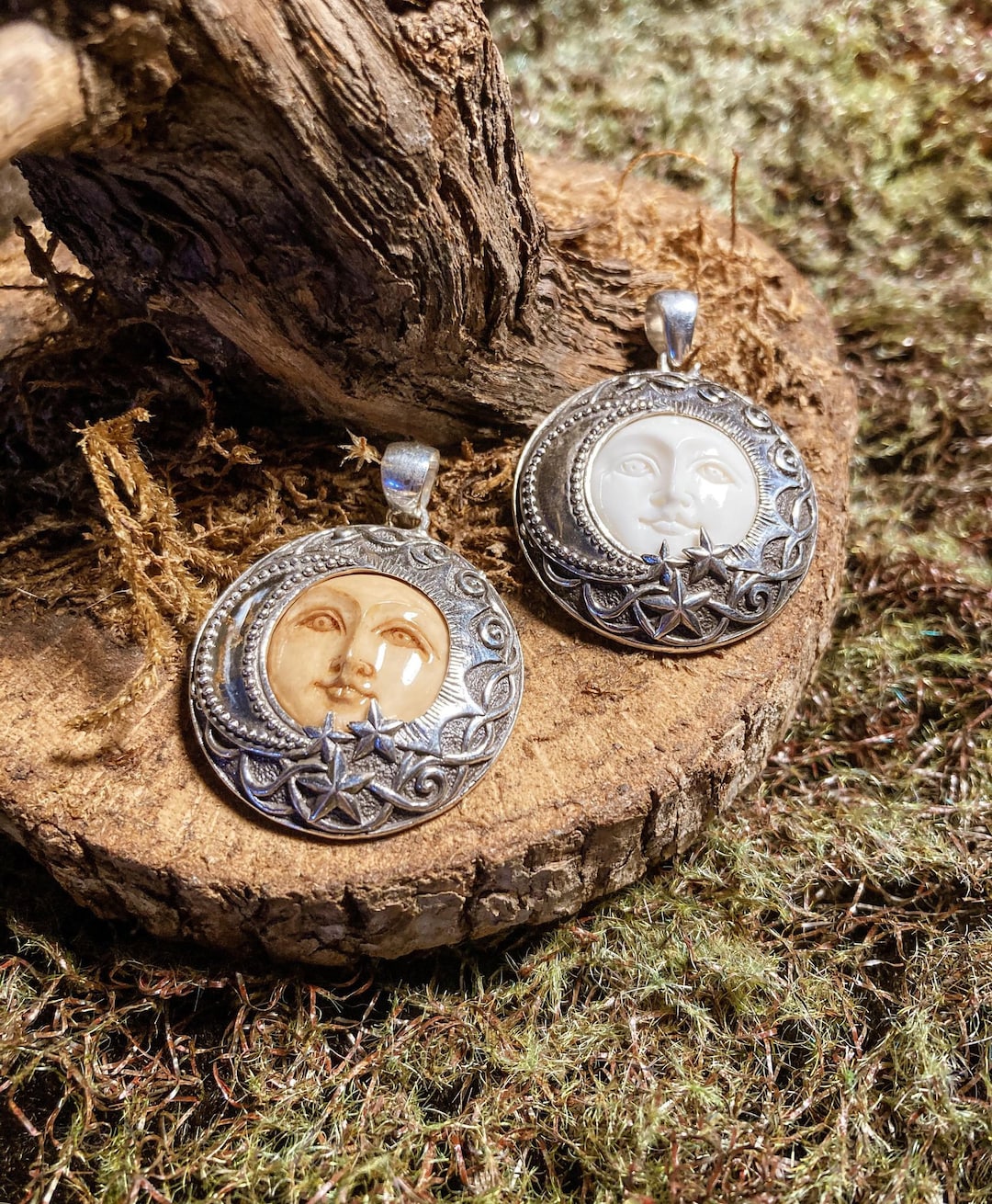 Goddess Designs / Detailed Celestial Moon Ox Bone Face Sterling Silver ...
