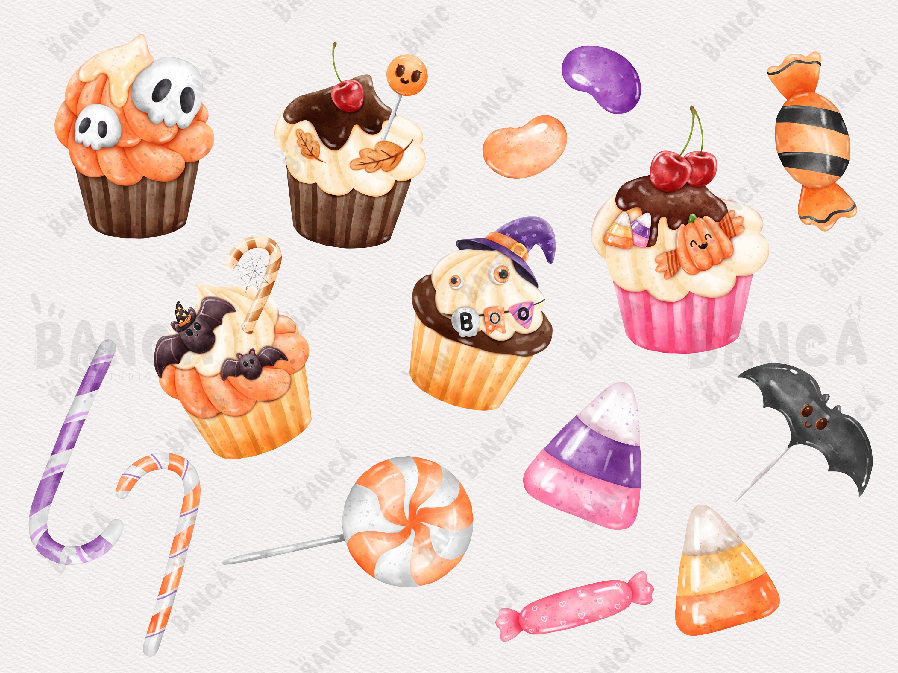 Halloween Candy Cupcake Clipart Watercolor Set Holiday - Etsy
