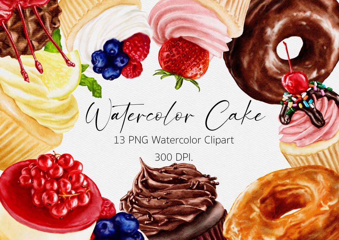 Watercolor Cake Clipart, Cupcake, Baking, Dessert, Donut, Cheesecake ...