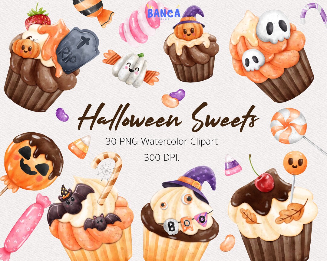 Halloween Candy Cupcake Clipart Watercolor Set Holiday, Pumpkins ...