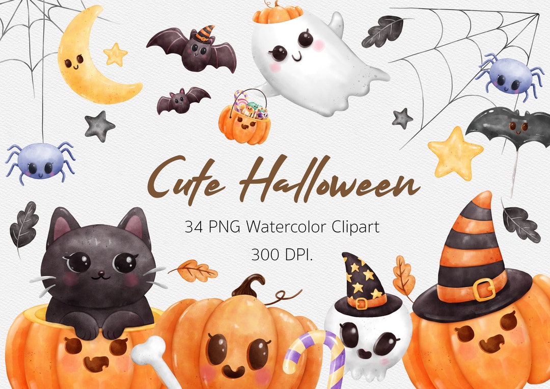 Watercolor Halloween Clipart, Cartoon Monsters, Digital Download ...