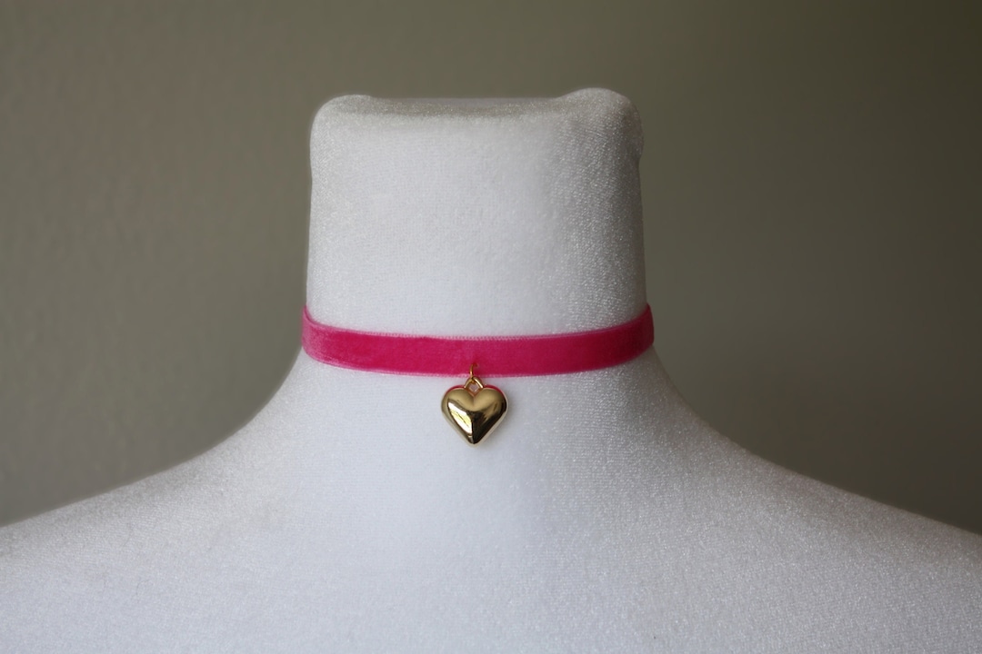 Choker With Heart, Velvet Choker, Hot Pink Choker, Thin Pink Velvet ...