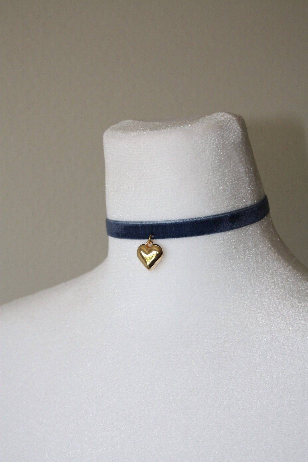 Choker With Heart, Velvet Choker, Blue Choker, Thin Blue Velvet Choker ...