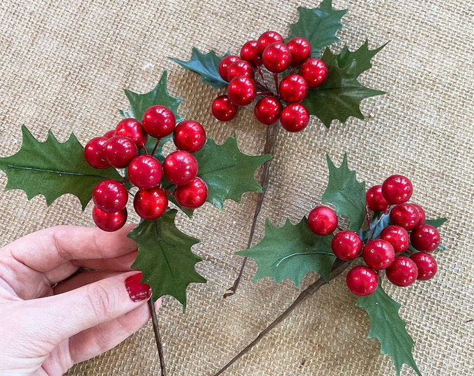 3 Red Berry Picks, Holly Decor, Christmas Picks and Sprays, Leaf Sprays ...