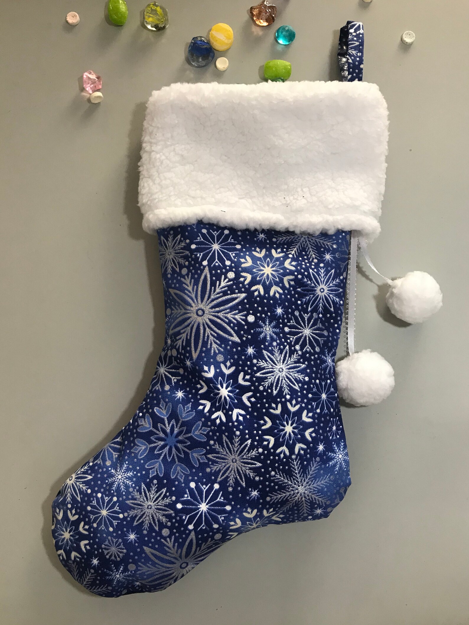 Navy Shimmery Christmas Stocking White Snowflakes Stocking - Etsy