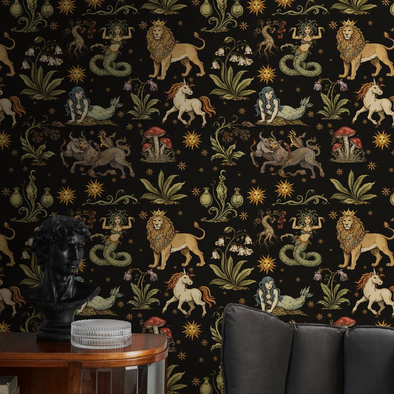 Medieval Bestiary Wallpaper – Dark Academia Mythical Creatures Wall ...