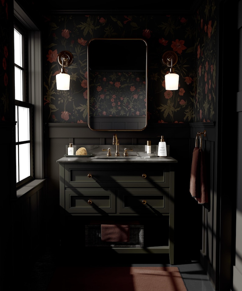 Dark Botanical Garden Wallpaper – Vintage Rust & Olive Floral Mural - Etsy