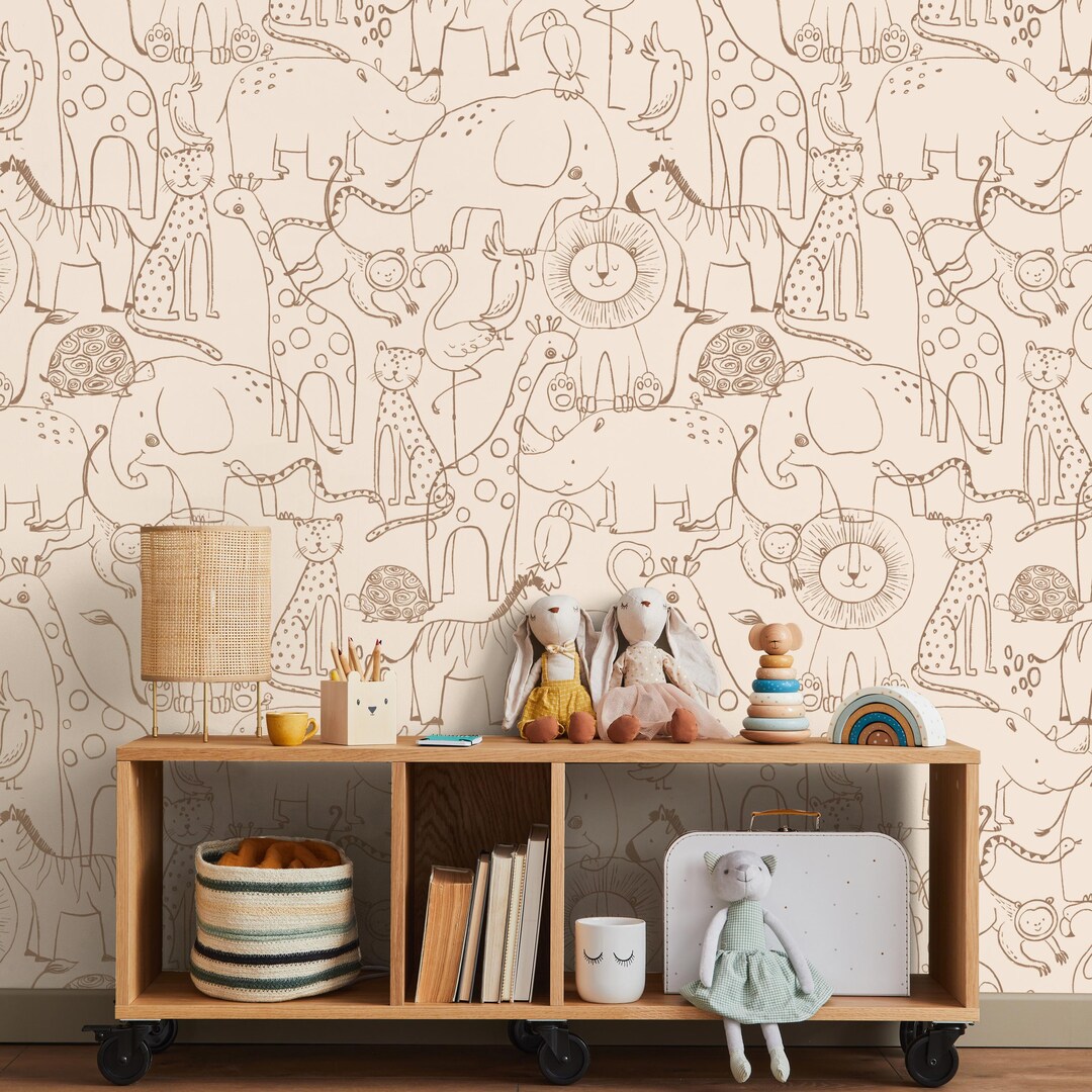 Papel de parede Safari Animal Sketch – Mural de selva desenhado à mão ...