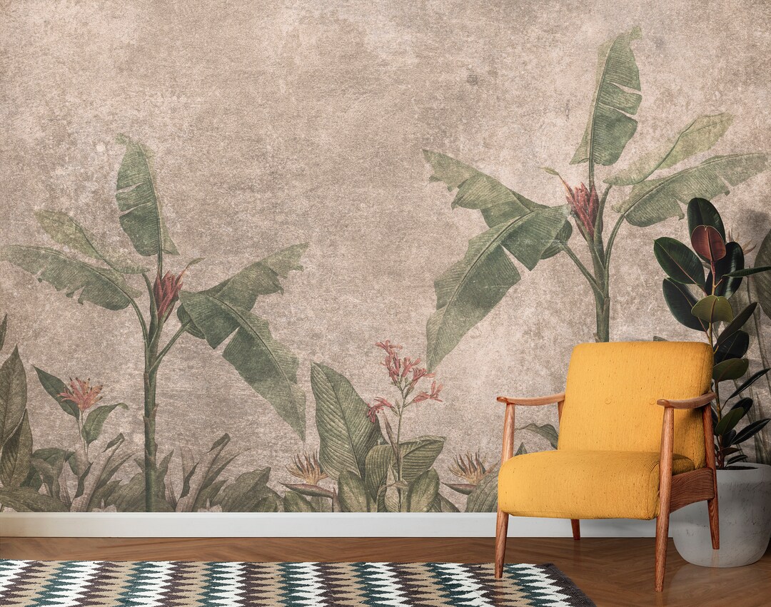 Palms Rustic Concrete Wallpaper, Traditional and Peel and Stick ...