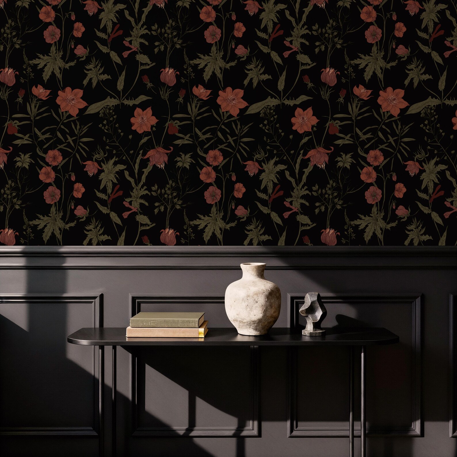 Dark Botanical Garden Wallpaper – Vintage Rust & Olive Floral Mural - Etsy