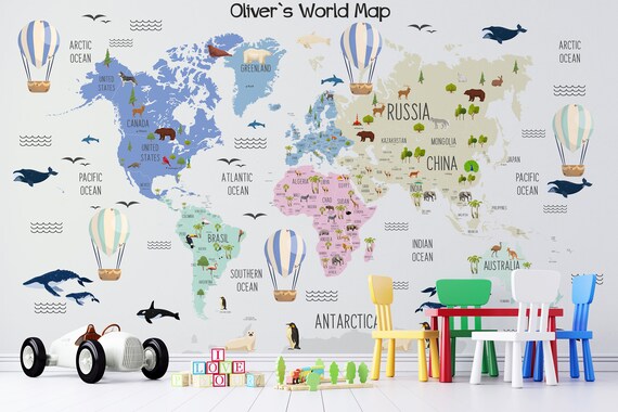 Educational Detailed Boys Wallpaper Map removable World Map | Etsy