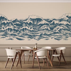Blue Ocean Waves Wallpaper – Japanese Coastal Nautical Wall Mural ...