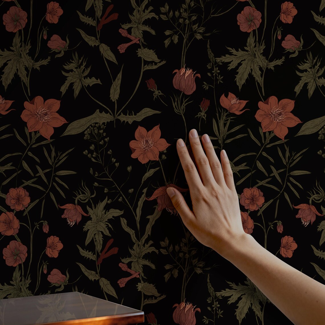 Dark Botanical Garden Wallpaper – Vintage Rust & Olive Floral Mural - Etsy
