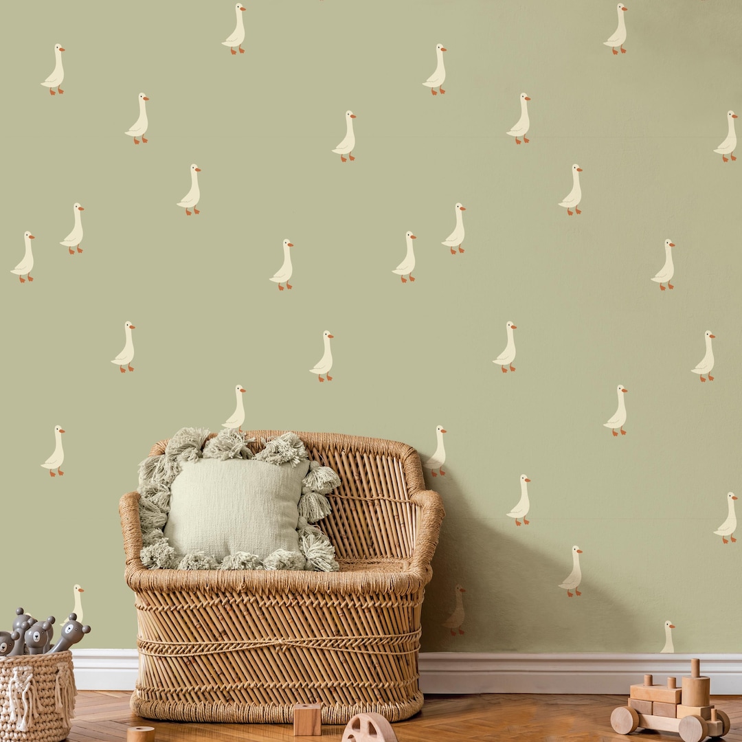Sage Green Goose Wallpaper - Scandinavian Farmhouse Kids Room, Peel and ...
