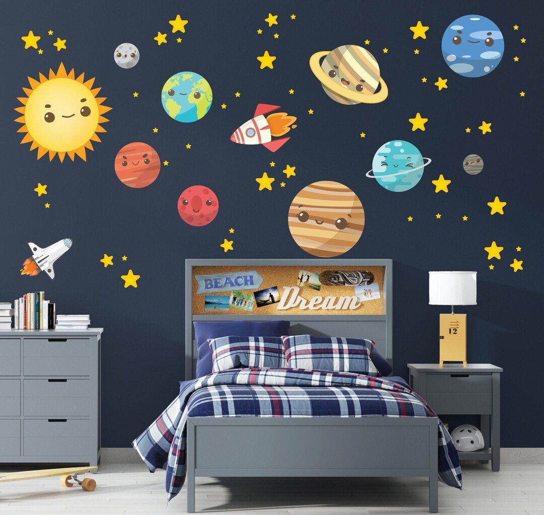 Cute Faced Solar System Wall Decal - Sun,planets,rockets and Stars ...