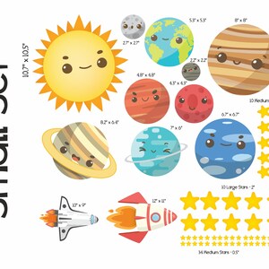 Cute Faced Solar System Wall Decal - Sun,planets,rockets and Stars ...