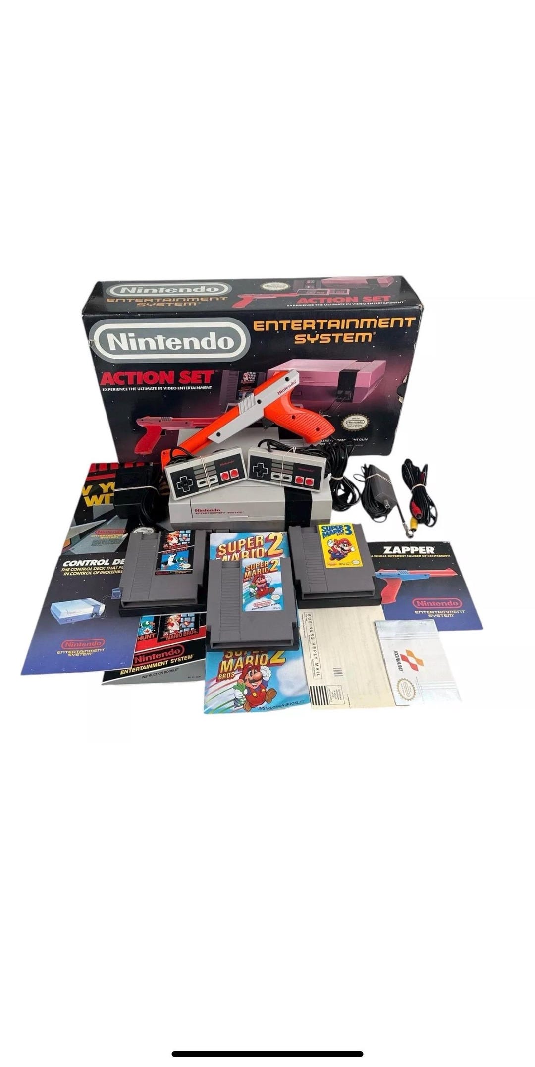 Nintendo NES Action Set Console Complete in Box W/orange Zapper Mario 1 ...