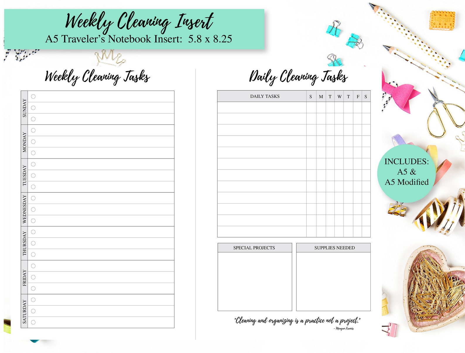 Cleaning Insert - A5 Traveler's Notebook Planner - Printable PDF ...