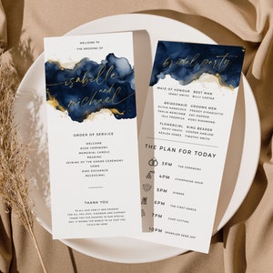 Navy Blue + Gold Wedding Printable Program, Slim Long Watercolor ...