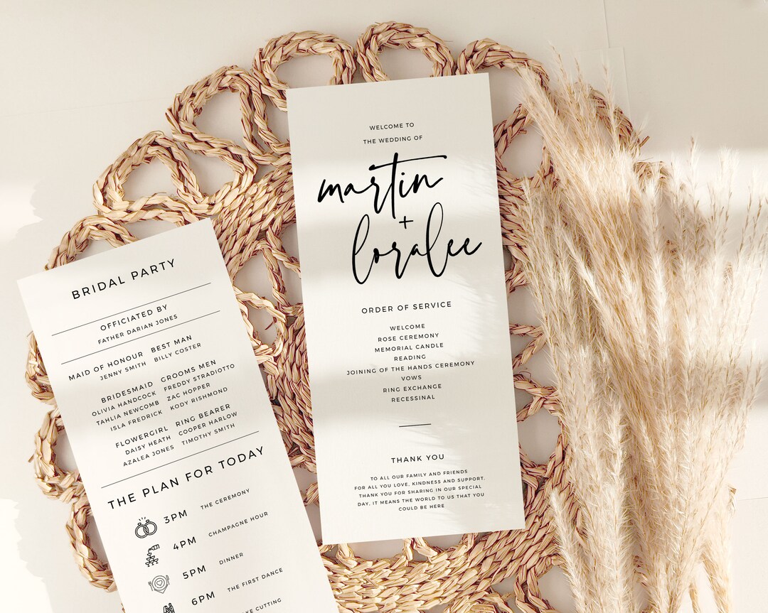 Minimalist Wedding Printable Program, Slim Long Simple Modern Program ...