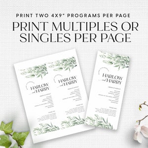 Greenery Wedding Printable Program, Slim Long Leaves Program Template, Floral Order of Service ...